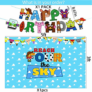 Cartoon Story Party Supplies 4th Birthday include Reach Four The Sky Cake Topper Backdrop Cupcake Toppers Balloons Banner for 4th Boys Girls Birthday Decorations