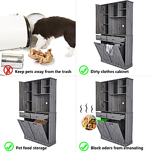 Bocarali Double Tilt Out Trash Cabinet, 20 Gallon Wood Free Standing Storage Cabinet with Drawers Shelves Wine Rack, Kitchen Garbage Can Recycling Bin Cabinet for Farmhouse Kitchen Living Room, Gray