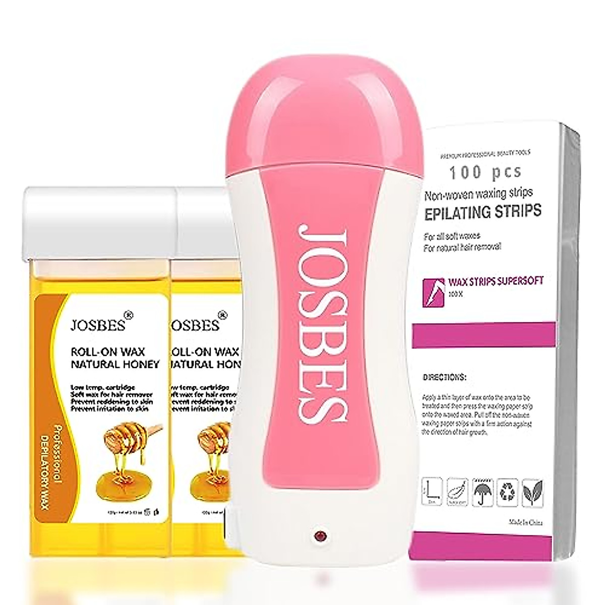 Roll On Wax, Honey Wax Roller Kit for Sensitive Skin,Roller Waxing Kit Include Portable Wax Warmer, with 2 Wax Roller Cartridge Refill,100 pcs Non-Woven Wax Strips, for Legs Arms and Underarm