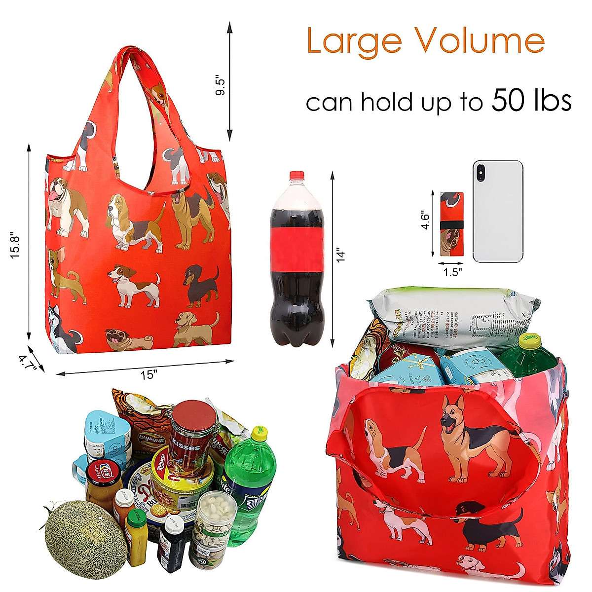 BeeGreen 12 Packs Cute Dogs Reusable Grocery Bagsw Storage Pouch & Elastic Band Reusable Shopping Bags Bulk 50LBS X-Large-Foldable-Machine Washable-Heavy Duty Bags Recycling Bags w Handle