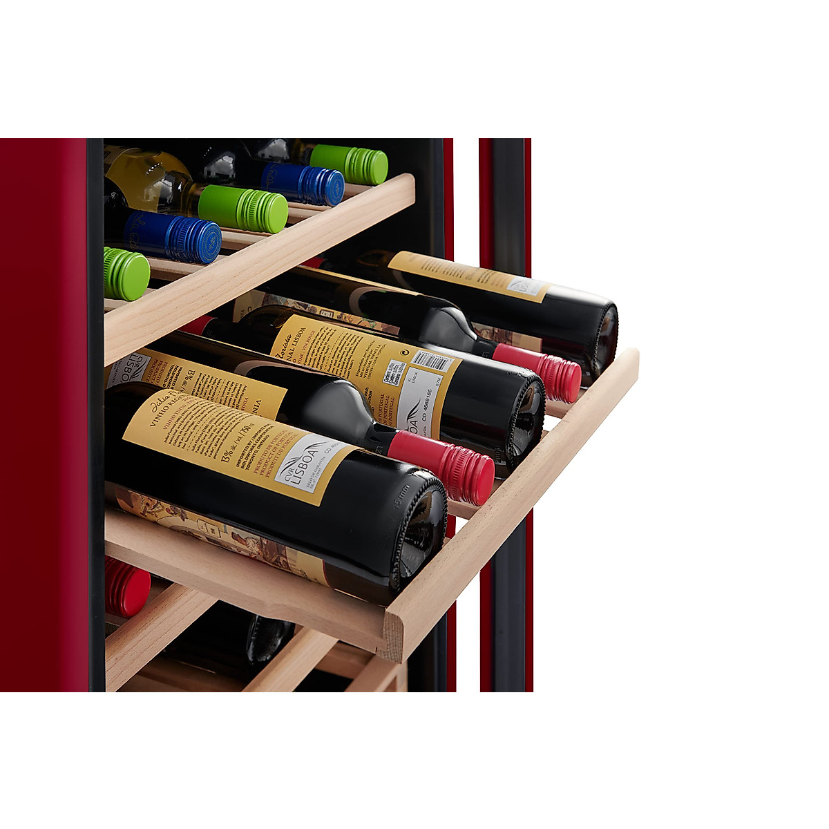 iio 30 Bottle Retro Small Wine Cooler Refrigerator, UV Resistant Glass Door, Cabinet RV Office Bar Beverage Cellar, Mini Fridge for Bedroom, Quiet Compressor, Freestanding, Slide-out Shelves (Red)