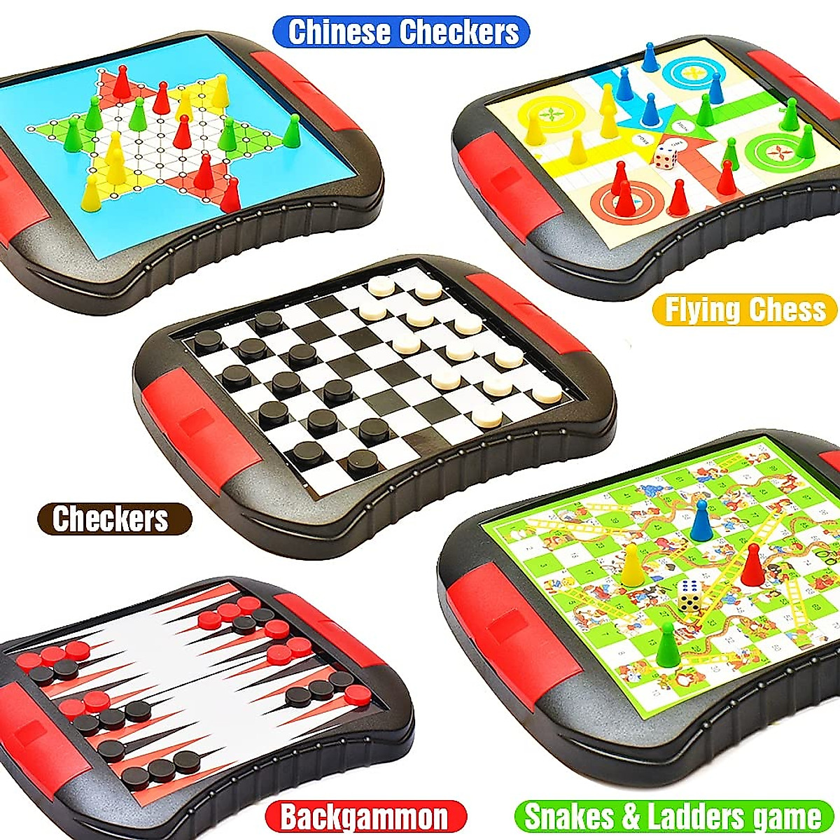 Magnetic Travel Board Games, Chess Set Magnet with 6 Classic Games, 7.8*6.7 In, for Kids 6 and up, Chinese Checkers, Backgammon, Flying Chess, Snakes&Ladders, International Checkers, Small and Light
