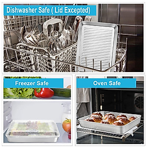 TeamFar Lasagna Pan, 12.4 Inch Stainless Steel Rectangular Textured Baking Pan with Lid, Corrugated Bottom & Deep Side, Non-Toxic & Heavy Duty, Dishwasher Safe - (2 Pans + 2 Lids）