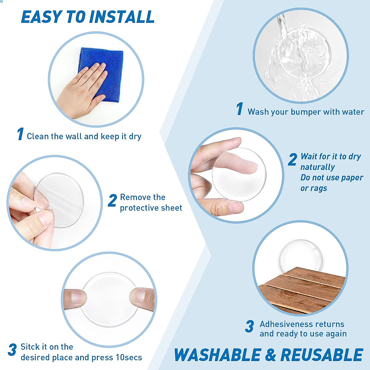 9PCS Door Stoppers Wall Protector, 2 Inch Round Clear Door Stops, Strong Self Adhesive Door Bumper Wall Guard, Washable and Reusable Stick on Door Stopper Silicone Wall Door Protector from Door Knob