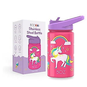 BOZ Kids Water Bottle for School with Straw Lid, Stainless Steel Insulated Water Bottle for Kids, Toddler Water Bottle, Leak Proof Water Bottle for Kids and Toddlers, 14 oz (414ml) (Unicorn)
