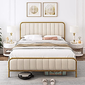 HITHOS Full Size Bed Frame, Upholstered Bed Frame with Button Tufted Headboard, Heavy Duty Metal Mattress Foundation with Wooden Slats, Easy Assembly, No Box Spring Needed (Golden/Off White, Full)