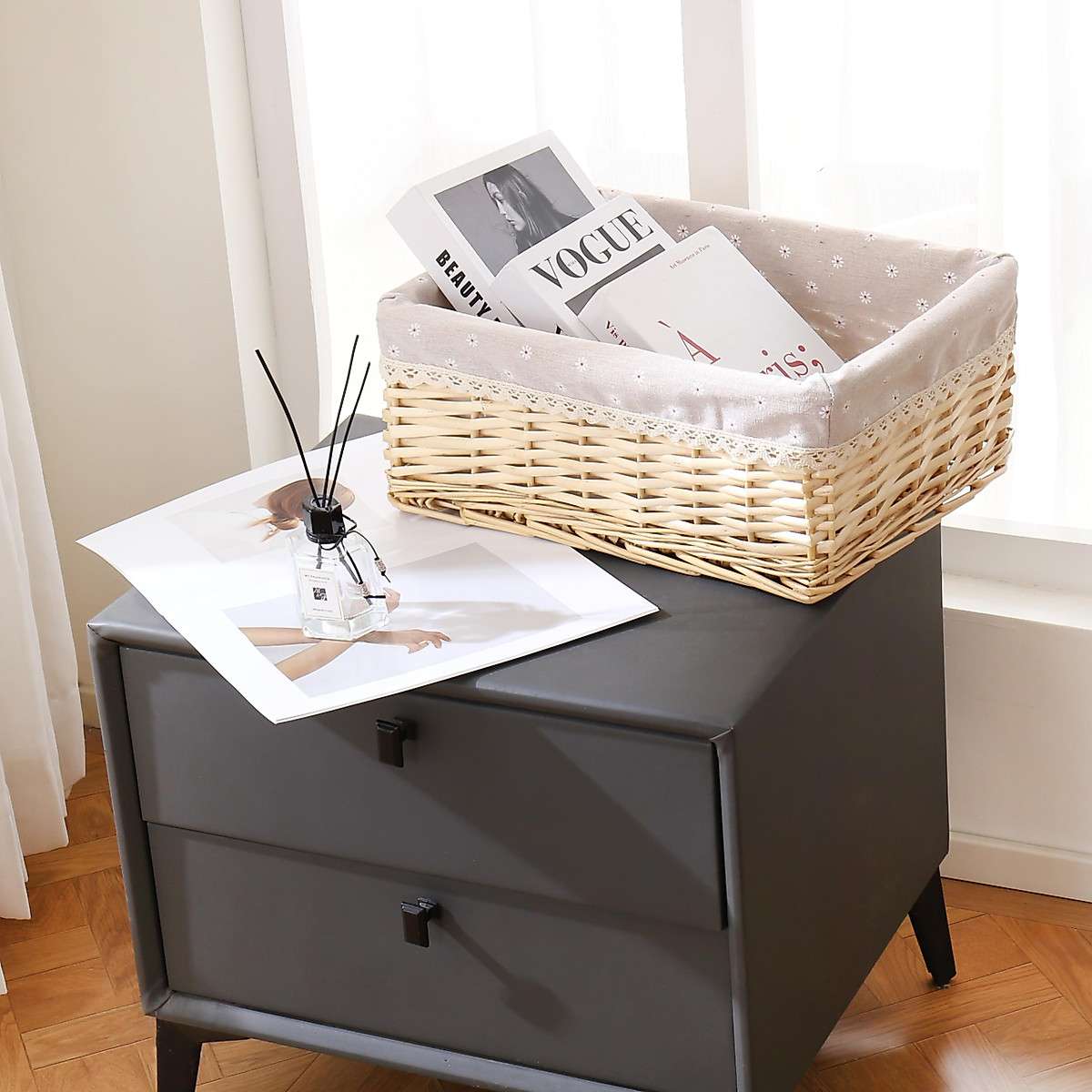 LONGERO Handcrafted Shelf Basket, Handwoven Wicker Basket, for Storage & Organizing, Natural Willow Materials with Cotton Lining, Rectangular, 1 Pack, Extra Large