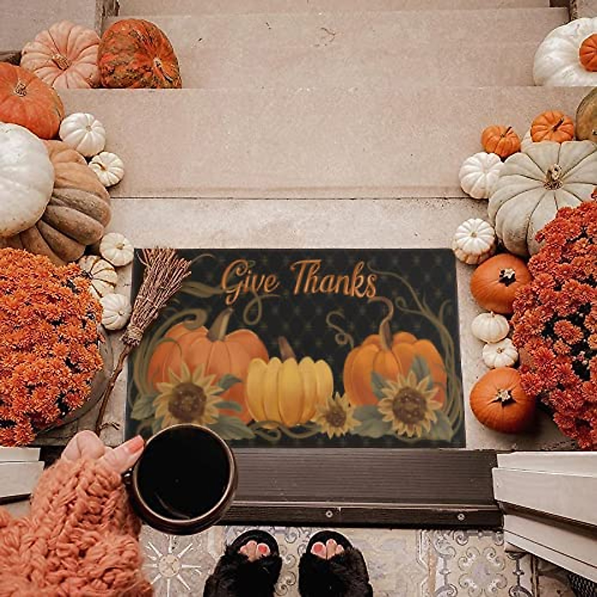 Xiumei Pumpkin Sunflower Welcome Mat Fall Thanksgiving Doormat Give Thanks Outdoor Rug Non Slip Entrance Outdoor Indoor Doormat 30" x 17"
