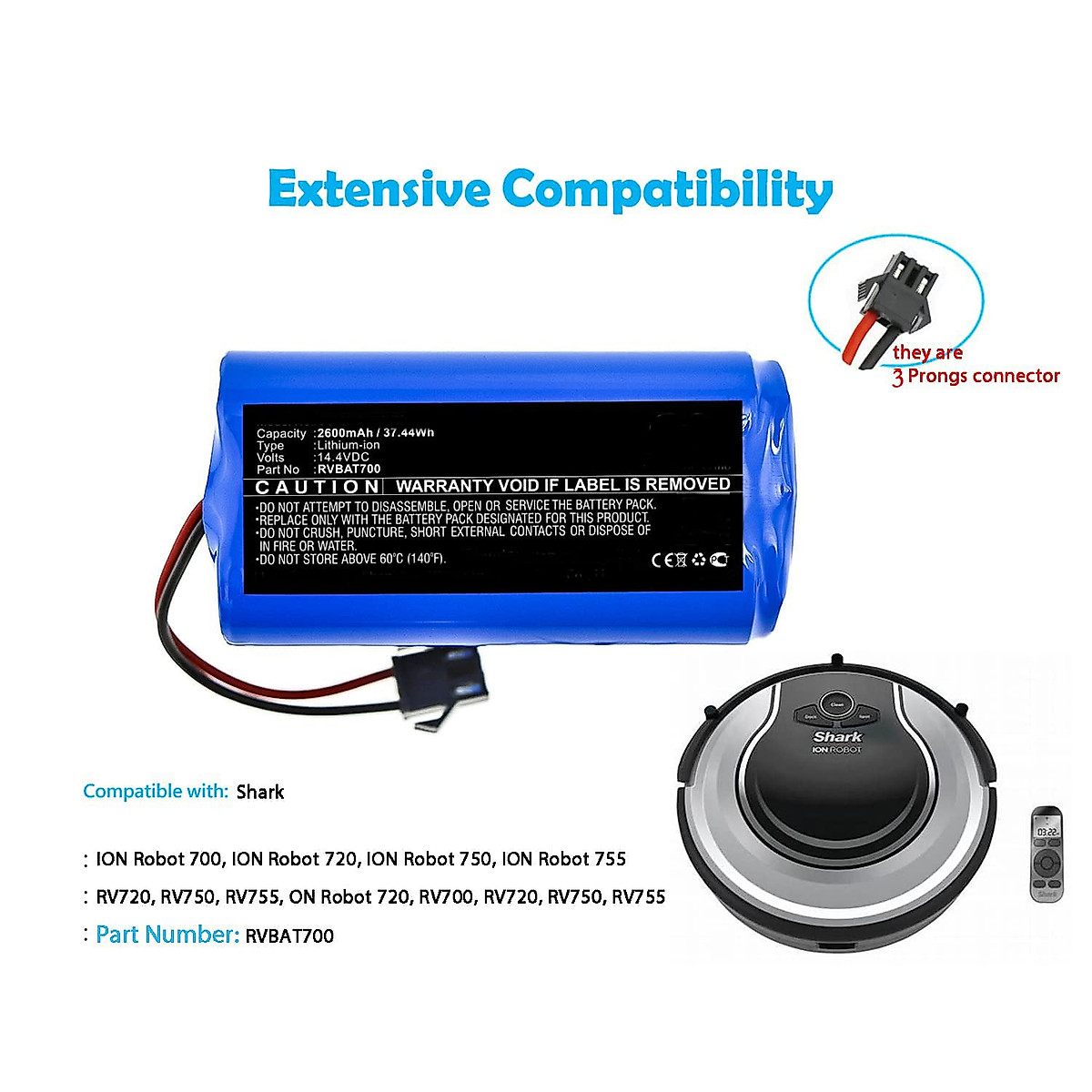SCESMIA (3 Prong Plug) Replacement Battery for RVBAT700 RV750 RV720 RV700 ION Robot 720 750 755 Series Vacuum Cleaners 2600mAh