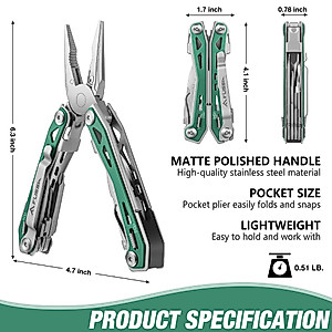 FLISSA Multi Tool Pliers, Green 16 in 1 Stainless Steel Multipurpose tool with Tactical Multitool Knife, Screwdrivers, Saw, Bottle Opener and Durable Sheath, Essential Gear for Outdoor Adventures
