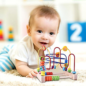 FUN LITTLE TOYS Wooden Baby Beads Maze Toys, Toddlers Roller Coaster Game Cubes, Educational Around Circle Bead Skill Improvement Wood Toy, Sliding Beads On Twists Wire, Boys Girls