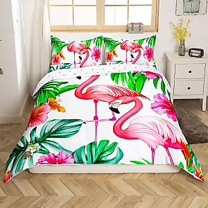 Pink Flamingo Bedding Set Palm Leaves Printed Decor Duvet Cover Full Size Tropical Green Plants Floral Pattern Natural Theme Soft Comforter Cover with Zipper Ties,1 Duvet Cover with 2 Pillow Cases