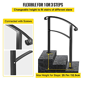 Happybuy 3-Step Transitional Handrail Fits 1 or 3 Steps Matte Stair Rail Wrought Iron Handrail with Installation Kit Hand Rails for Outdoor Steps (Unadjustable) (Black)