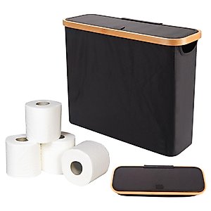Toilet Paper Basket, Toilet Paper Storage Basket with Bamboo Handle and Lid, Toilet Paper Storage Holder Up to 12 Mega Rolls, Good Ventilation, Durable (Black)
