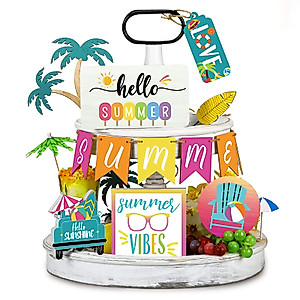 11 Pieces Summer Hawaii Tiered Tray Decor Set Summer Wood Sign Rustic Farmhouse Decor Summer Beach Sunshine Tiered Tray Decorative Trays Signs for Summer Beach Table Home Holiday(Summer Style)