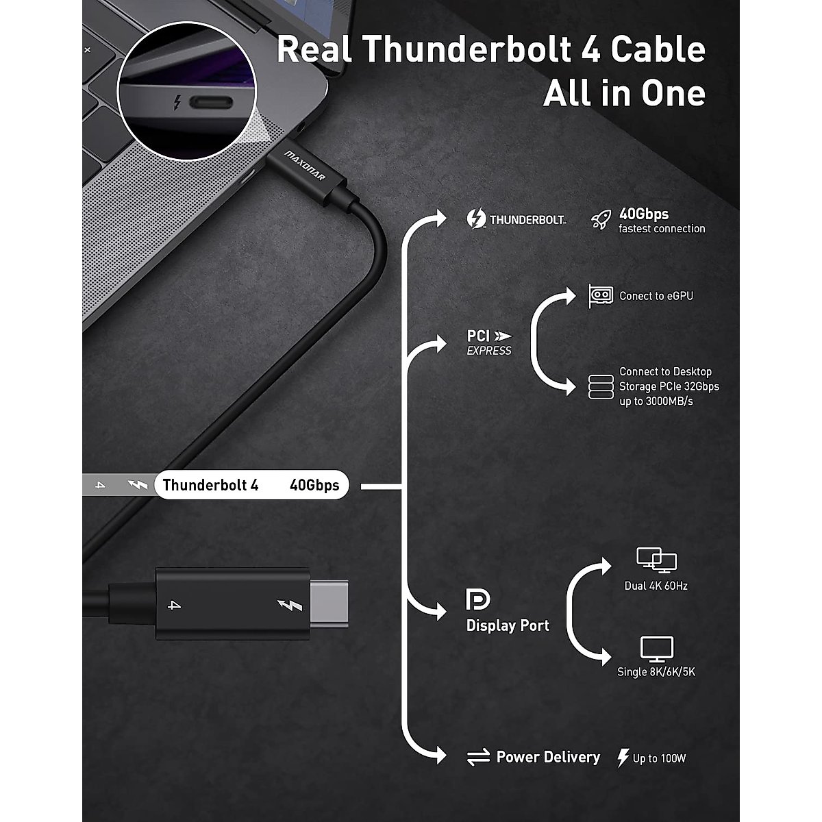 Maxonar [6.6Ft] Thunderbolt 4 Cable Intel Certified, Active Thunderbolt 4 Cable 40Gbps with 8K Display and 100W Charging Compatible with Thunderbolt 4, Thunderbolt 3, USB C, and USB4