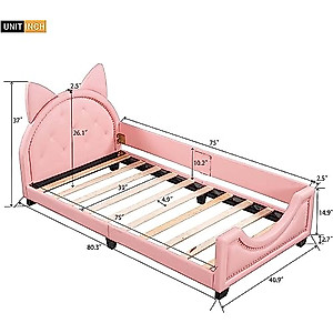 Twin Size Cute Upholstered Daybed PU Leather Sofa Bed with Carton Ears Shaped Headboard & Wooden Platform Bed Frame - with Low Profile Single Design - No Box Spring Needed (Color : Pink-a)