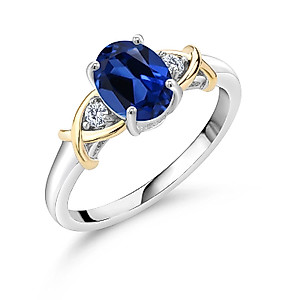 Gem Stone King 2 Tone 10K Yellow Gold and 925 Sterling Silver Blue Created Sapphire and Lab Grown Diamond Ring For Women (1.68 Cttw, Available in Size 5,6,7,8,9)