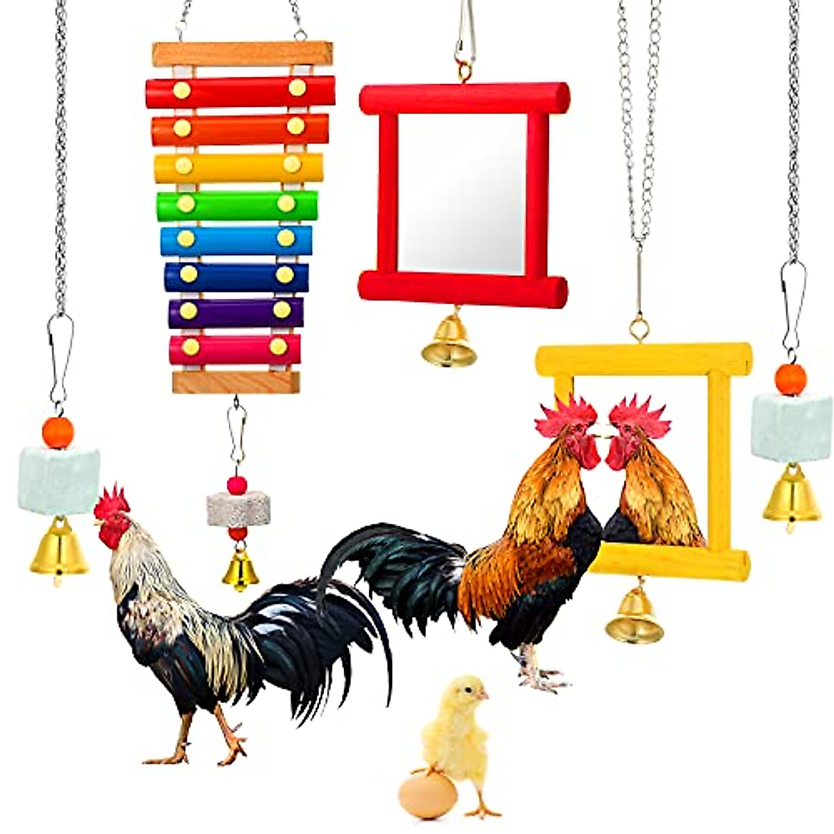 5 Pieces Hen Chicken Toys Chicken Coop Mirrors Colorful Wooden Xylophone Bird Toy Hanging Parrot Grindstone Bird Beak Stones Dangling Bird Toys with Bells for Chicks Parrots Birds Hens