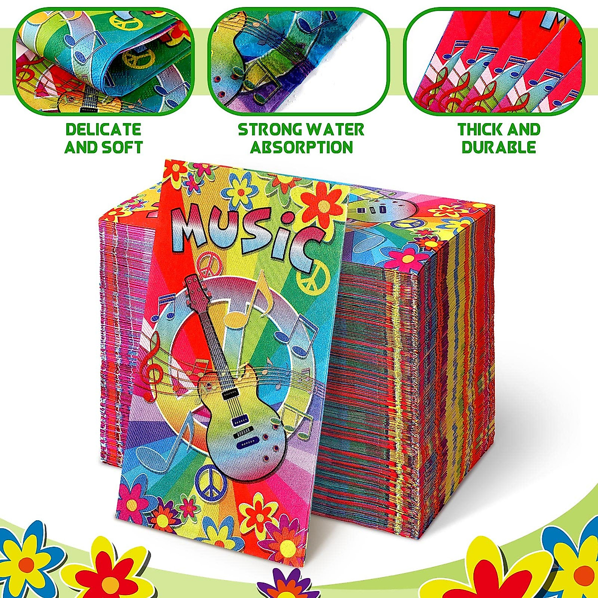 Bencailor 200 Sheets 60s Groovy Party Napkins Hippie Disposable Paper Napkins 60s Hippie Themed Party Decorations Peace Love Tie Dye Disposable Paper Napkins Party Supplies Favor