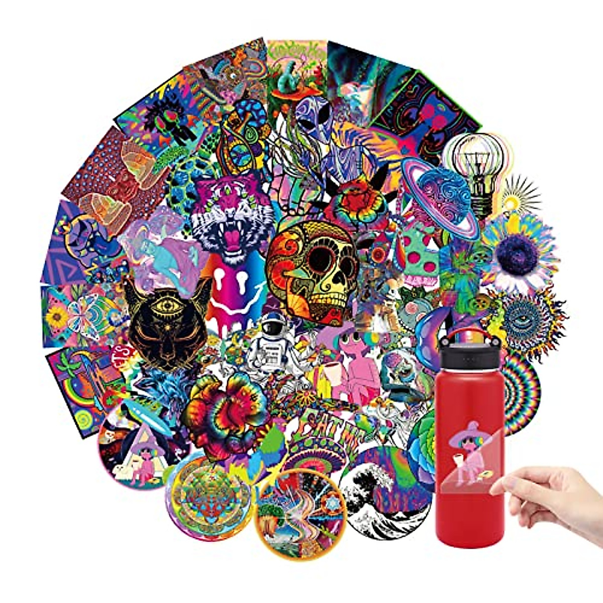 50 PCS Stoner Psychedelic Rub on Transfers Stickers,Cool Trippy Transfer Stickers for Crafts,Furnitures,Water Bottle,Helmet,Party Decorations,Gifts for Kids,Teens,Adults