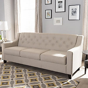 Baxton Studio Gervaise Modern and Contemporary Fabric Upholstered Button-Tufted Living Room 3-Seater Sofa, Light Beige