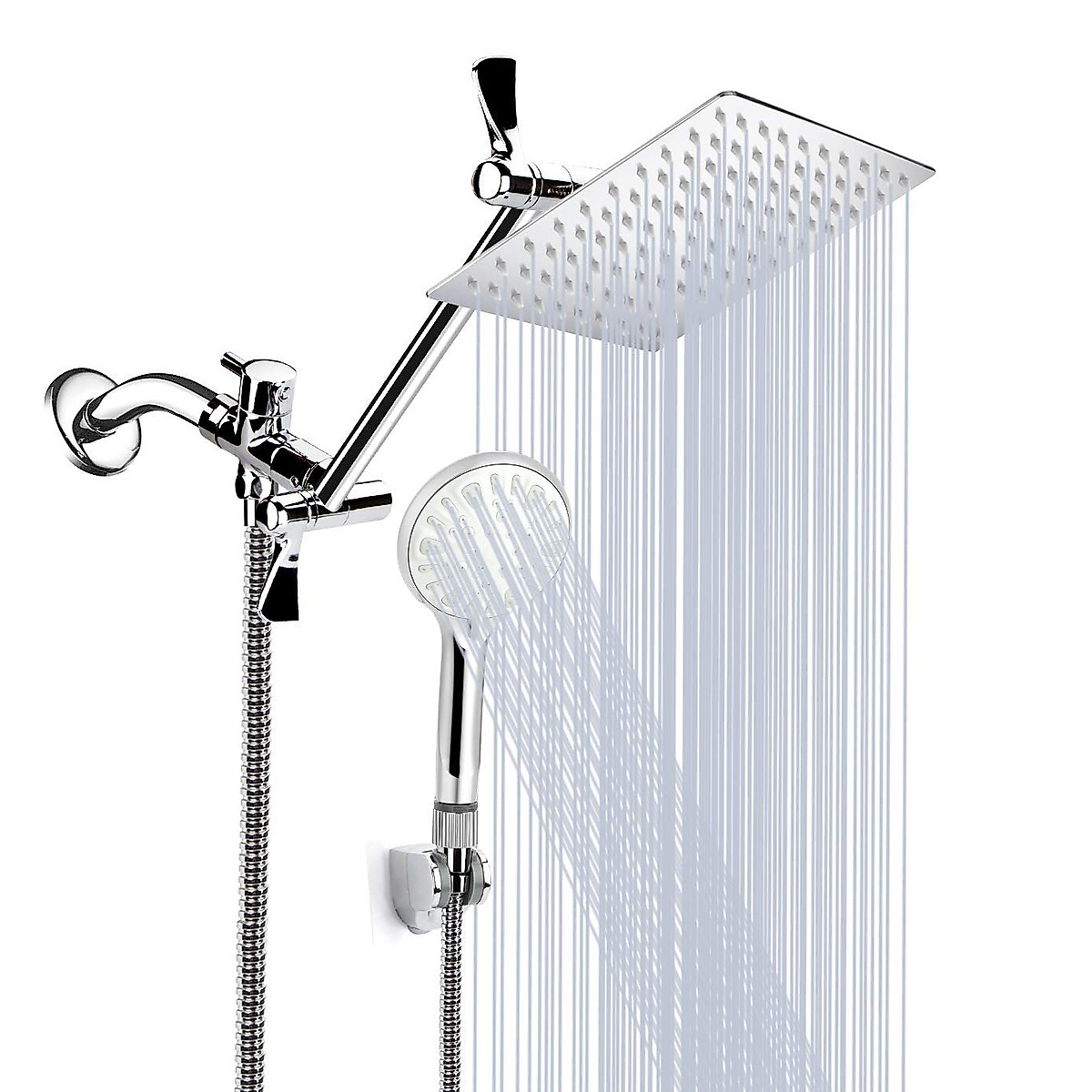 10 Inch High Pressure Rainfall Shower Head/Handheld Shower Combo with 11 Inch Extension Arm, 9 Settings Adjustable Anti-leak with Holder/Hose, Height/Angle Adjustable, Chrome