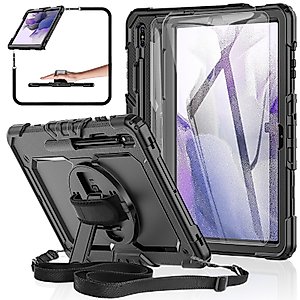 BASE MALL Tablet Case for Samsung Galaxy Tab S8 Plus 2022/S7 FE/S7 Plus 5G 12.4-inch [with Tempered Glass Screen Protector], [Shockproof],Rotatable Kickstand,S Pen Holder,Hand/Shoulder Strap (Black)