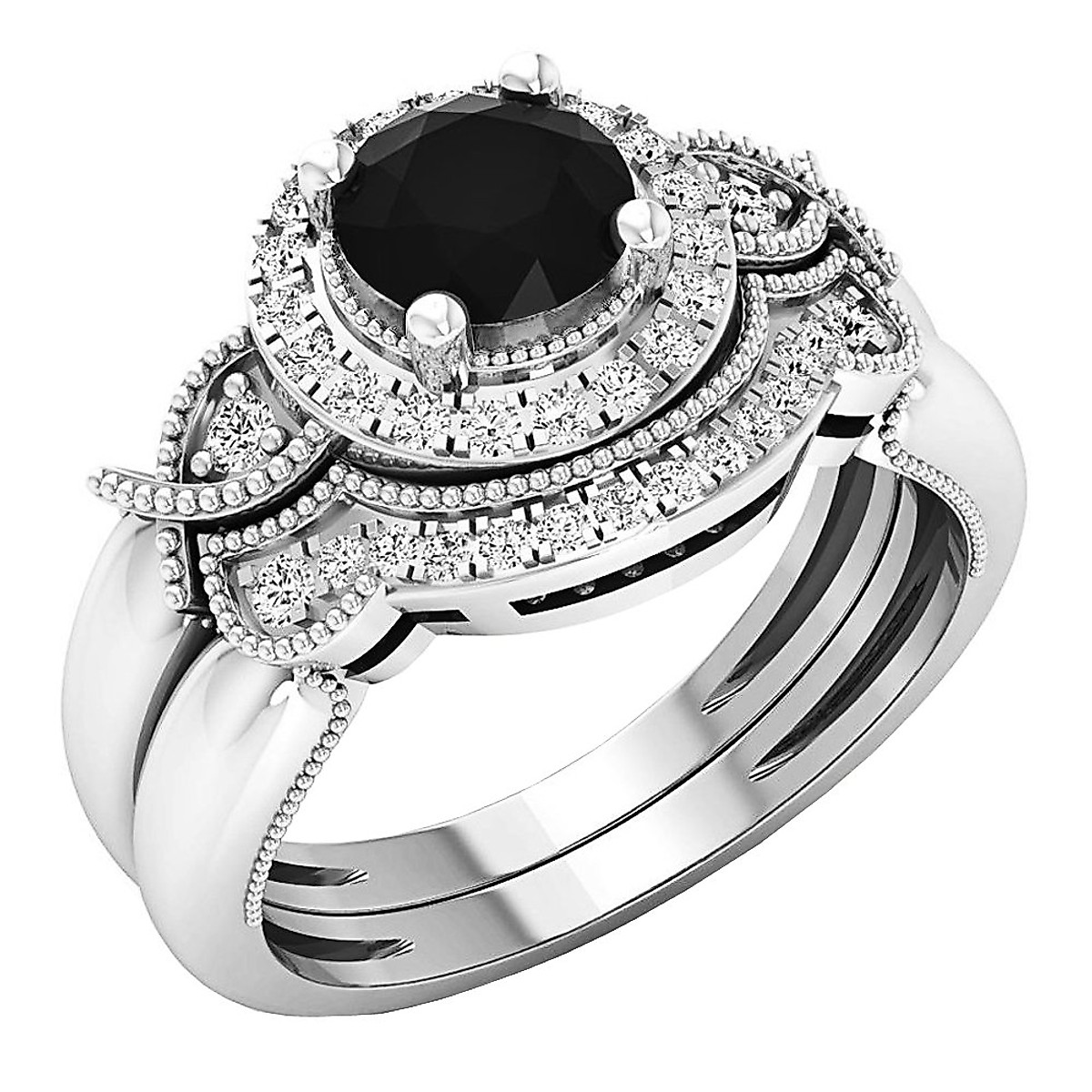 Dazzlingrock Collection 1.10 Carat (ctw) 10K Round Black & White Diamond Ladies Engagement Ring Set 1 CT, White Gold, Size 7.5