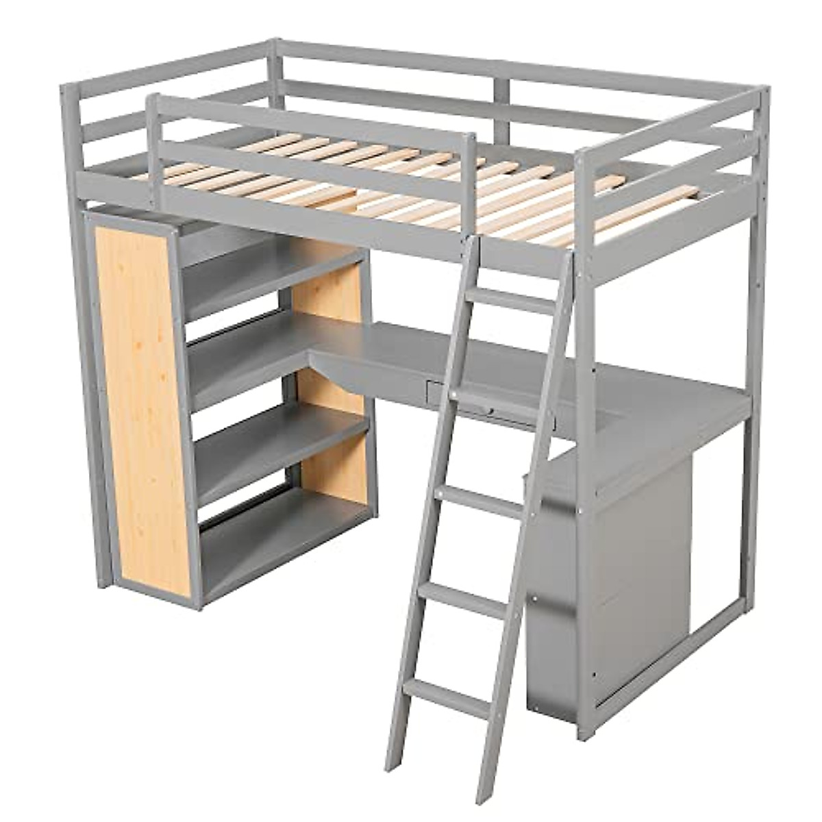 Harper & Bright Designs Loft Bed with Desk and Drawer, Wood Twin Desk,Shelves Cabinet Underneath, High Storage for Kids, Boys,Girls,Teens (Grey), Twin(Desk+Shelves+Ladder)