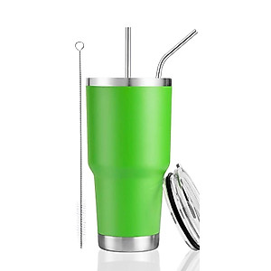 30 oz Green Tumbler Stainless Steel Double Wall Vacuum Insulated Mug with Straw and Lid, Cleaning Brush for Cold and Hot Beverages