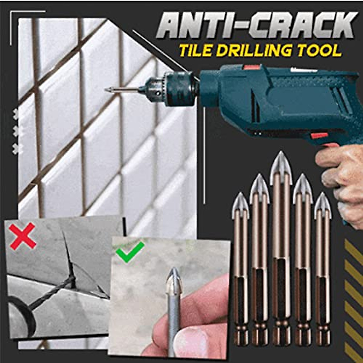 Meeyeet Efficient Universal Drilling Tool, Anti-Crack Tile Drilling Tool Set, Multifunctional Triangle Cross Alloy Drill Bit Set, Glass, Tile and Concrete Drill Bit (Set B)