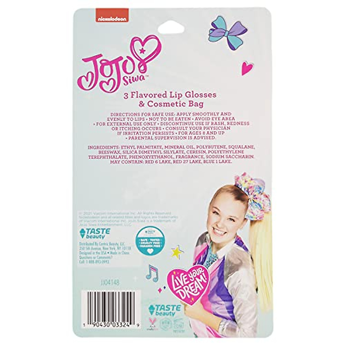 Taste Beauty Zippered JoJo Siwa Bag with Fruit-Flavored Lip Gloss Set, Pack of 3 Lip Gloss Tubes