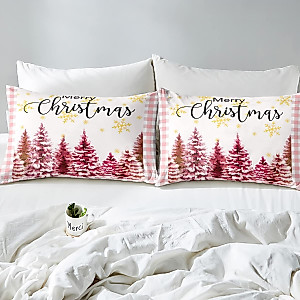 Erosebridal Merry Christmas Bedding Full Xmas Comforter Set for Kids Boys Girls Bedroom Cute Kawaii Bedding Comforter Sets Pink Grid Checkered Duvet Insert Happy New Year Holiday Quilted Comforter