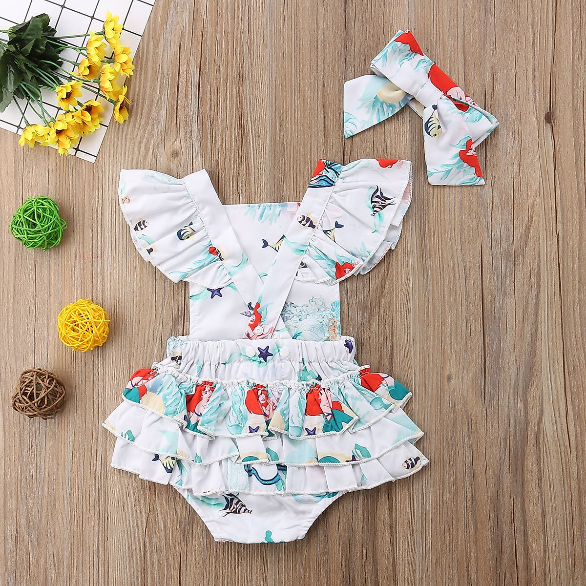 Baby Girls Rompers, Mermaid Sea World Pattern Flower Edge Bodysuit with Hairband Outfits Clothes（White，6-12M