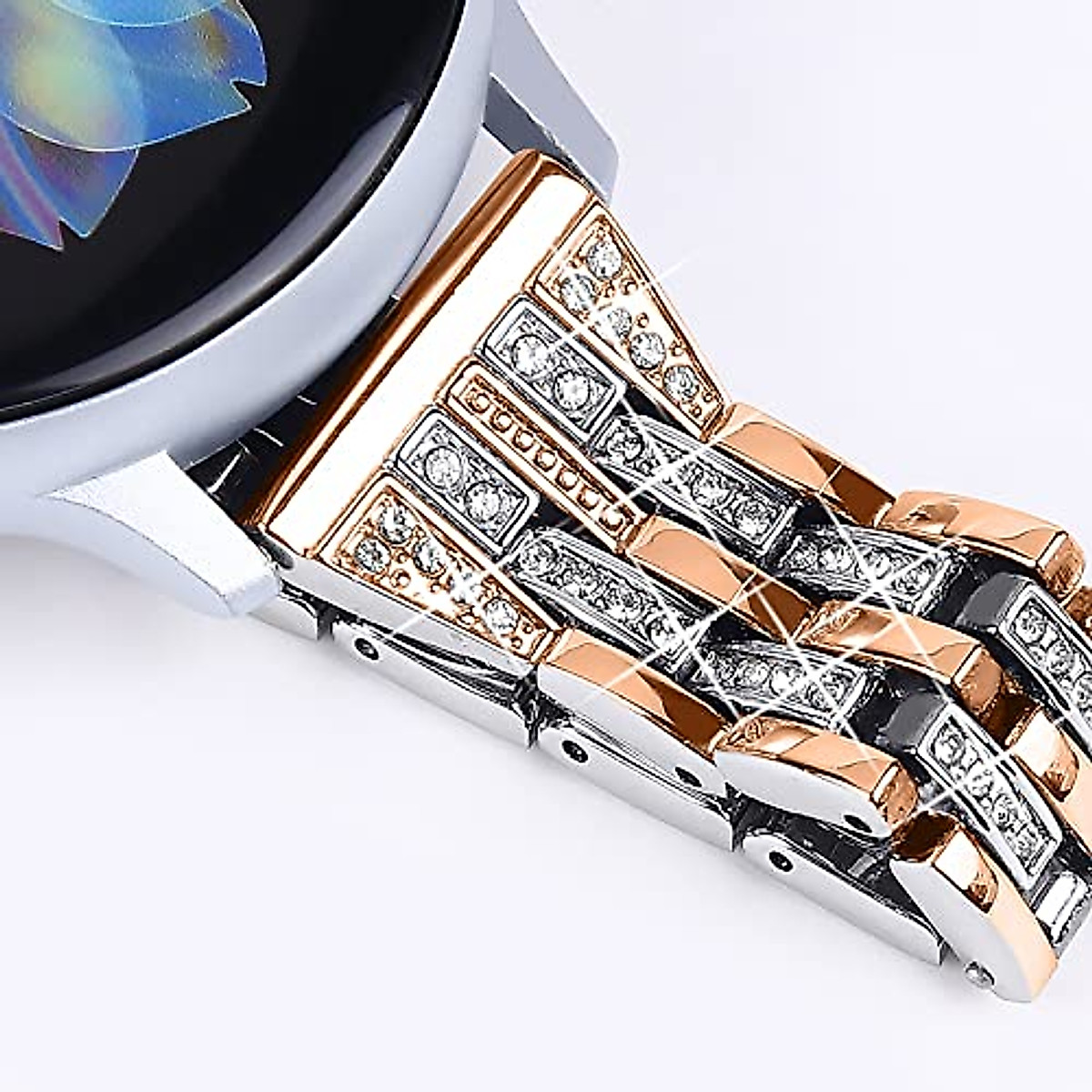 Joyozy Women Girls Stylish Band for Samsung Galaxy Watch (42mm)/Galaxy Watch3(41mm)/Active/2(40mm)/(44mm)/Ticwatch 2, Stainless Steel 20mm Jewelry Watch Strap Band Wrist Band Rhinestones Bracelet-Original Design(Rose Gold+Silver)
