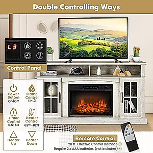 COSTWAY Electric Fireplace TV Stand for TVs Up to 65 Inches, 1400W Heater Insert with Remote Control, 6H Timer, 3-Level Flame, Overheat Protection and CSA Certification, Adjustable Shelves, Grey