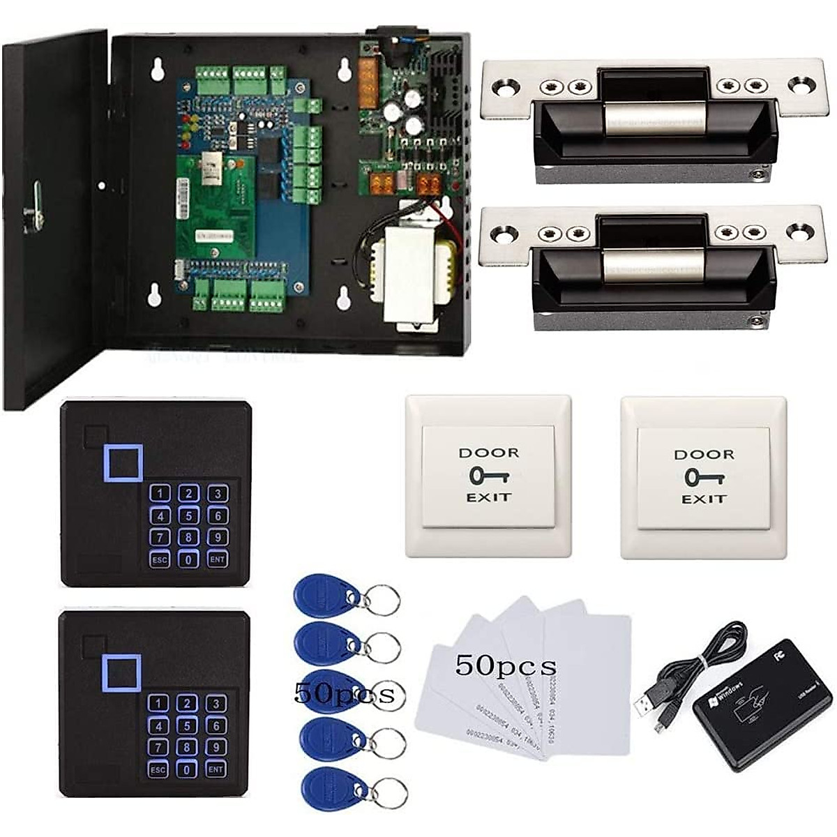 MENGQI-CONTROL IP Based 2 Doors Access Control Kit North American Strike Lock Keypad Reader Smart Keyless Lock System 110V Power Supply Box Phone APP Remote Open Door
