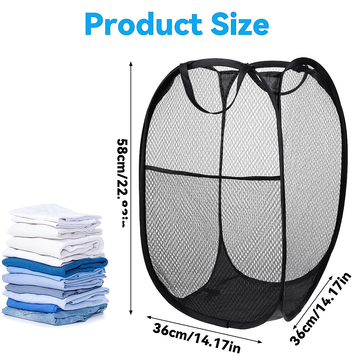 Gjinxi Strong Mesh Pop up Laundry Hamper Basket Large Collapsible Mesh Laundry Basket Pop Up Hamper Foldable Mesh Laundry Bag Travel Black Hamper Basket Pocket Storage with Handles