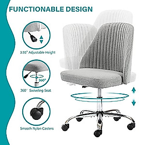 HOMEFLA Home Office Desk Chair, Modern Linen Fabric Chair Adjustable Swivel Task Chair Mid-Back Cute Upholstered Armless Computer Chair with Wheels for Bedroom Studying Room Vanity Room (Light Grey)