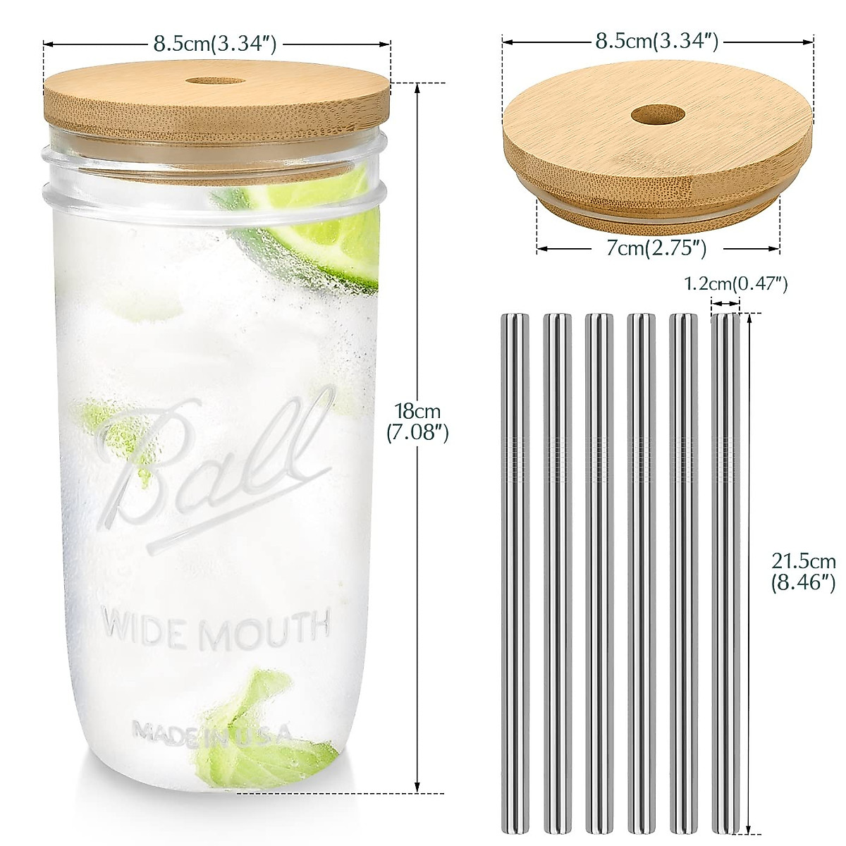 Dearwell Mason Jar Cups with Lids and Straw,Bubble Tea Cups,24 Oz ECO Reusable Wide Mouth Bamboo Lids Drinking Glasses,Glass Tumbler for Juice Coffee Milkshake Jam, Juices, Honey, Cocktail(Set of 6)