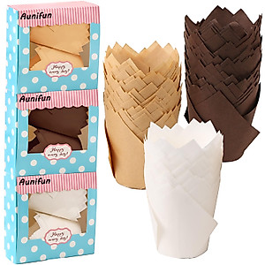 Aunifun 180 Pieces of Tulip Baking Paper Cups Cupcake Muffin Liners Pans Wrappers in 3 Colors, White, Natural, Brown