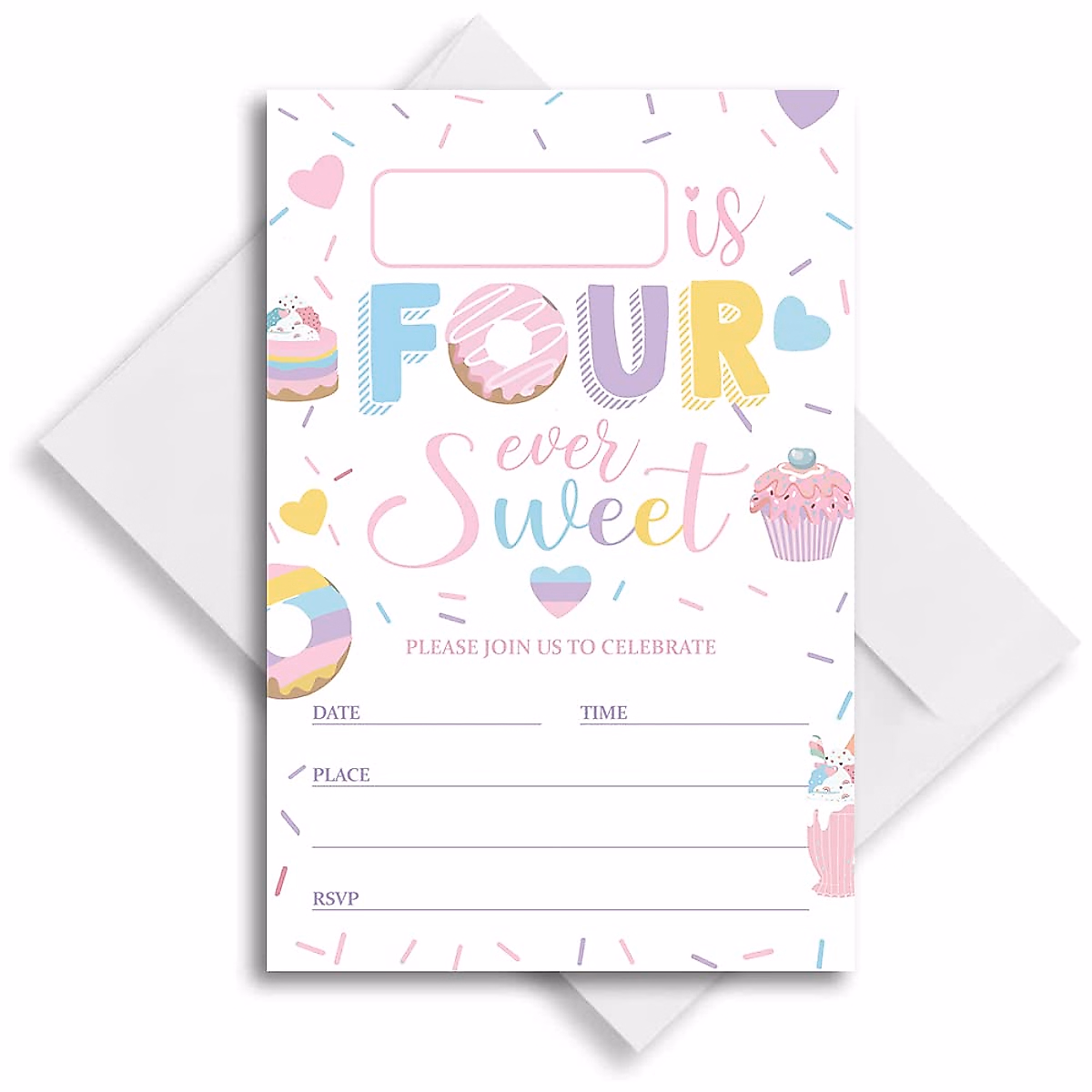 LoaHak Four Ever Sweet Birthday Invitation, Donut Invitation, Donut party favors for kids, birthday party invitations. (011)