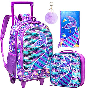 gxtvo Rolling Backpack for Girls, Roller Wheels Kids Bookbag - Wheeled Suitcase Elementary Sequin School Bag - 3PCS Mermaid