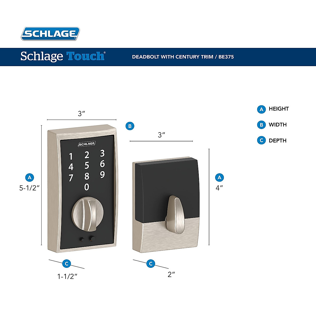 Schlage BE375 CEN 619 Touch Century Deadbolt, Electronic Keyless Entry Lock, Satin Nickel