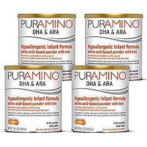 PurAmino Hypoallergenic Infant Drink, for Severe Food Allergies, Omega-3 DHA, Iron, Immune Support, Powder Can, 14.1 Oz (Pack of 4)