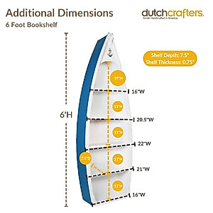 DutchCrafters 4 Foot Small Wooden Coastal Sailboat Bookcase with Four Shelves, Nautical Room Decor, Beach Themed Solid Wood Boat Shaped Book Shelf for Bathroom, Bedroom, Home Decor (Powder Blue)