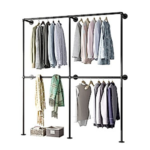 IronJiaZu Industrial Pipe Clothing Rack Wall Mounted Garment Rack,Black Clothes Rack Retail Display Hanging Rod for Closet Storage,Laundry Room