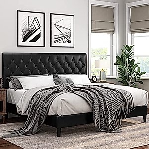 Keyluv Upholstered Platform Bed Frame with Button Tufted Headboard, Faux Leather, Wooden Slats Support, No Box Spring Needed, Easy Assembly, Full Size, Black