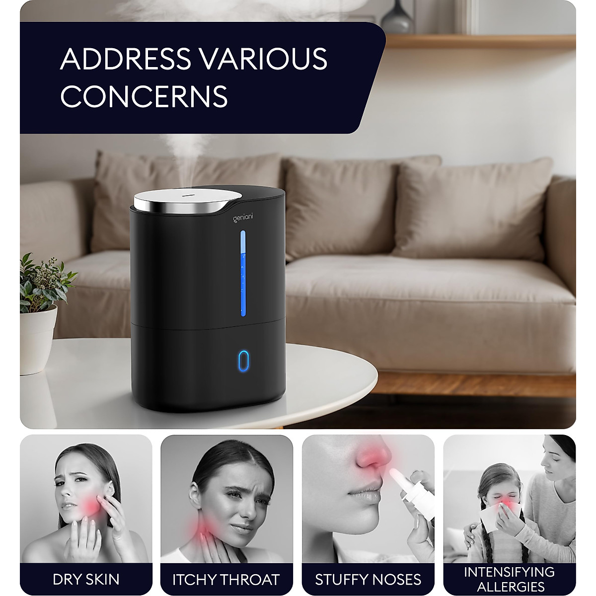 Top Fill Humidifier with Essential Oil Diffuser 4L for Home, Baby, Bedroom, Large Room & Indoor Plants, Cool Mist Ultrasonic Quiet Air Humidifiers, Automatic Humidity Control, Night Light (Black)